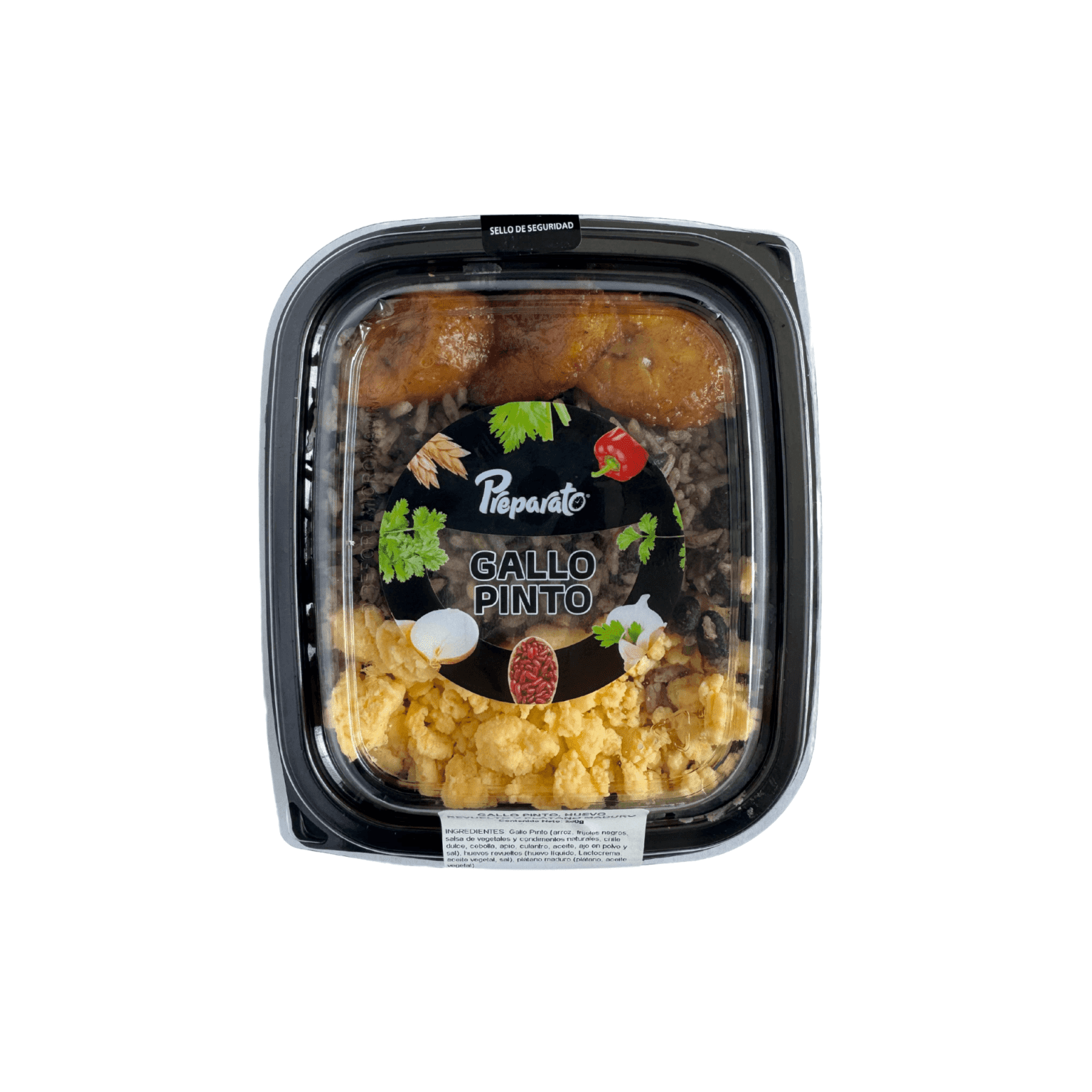 Gallo pinto con huevo revuelto y plátano maduro – Preparato